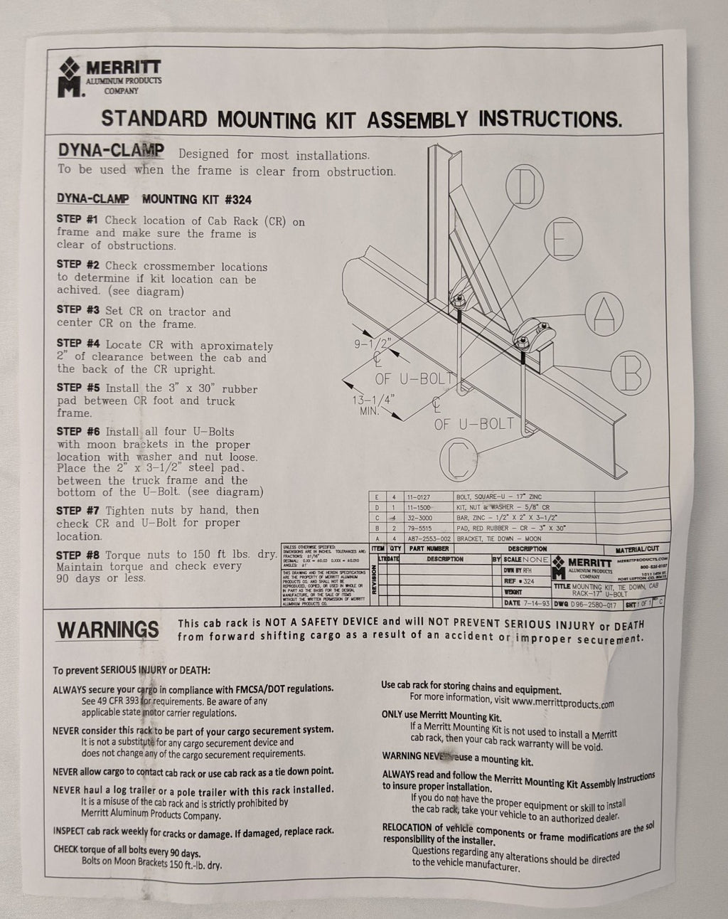 New Merritt Dyna Clamp Heavy Duty 17" U-Bolt Headache Rack Mounting Ki